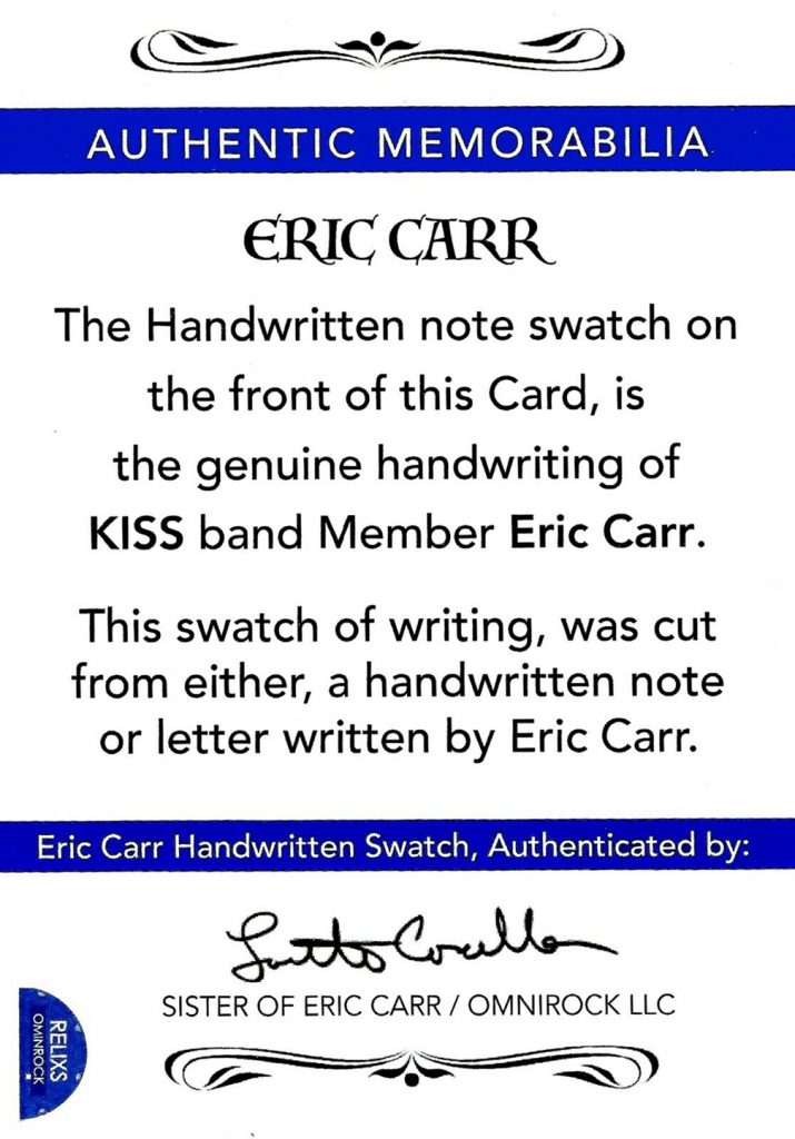 Eric Carr, Genuine handwritten Card | ericcarr.com
